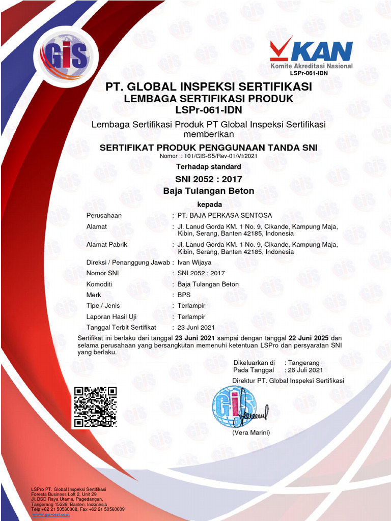 Cert 101 Sertifikat PT. Baja Perkasa Sentosa BPS Rev-01 | PDF