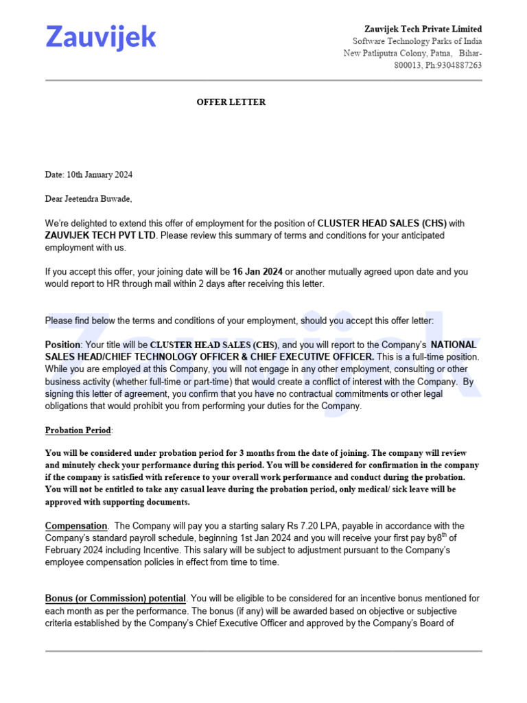 Zauvijek Tech Cluster Head Offer Letter | PDF | Employment | Indemnity