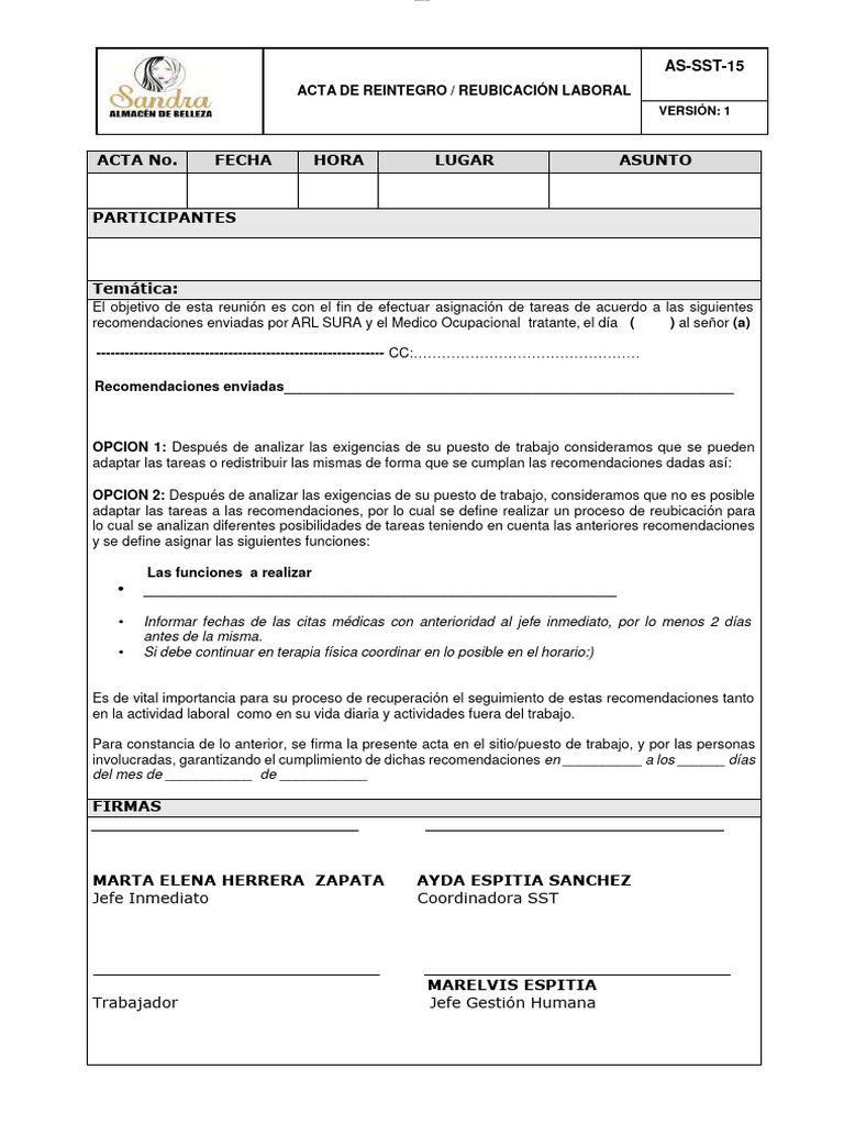 Acta de Reintegro Laboral | PDF