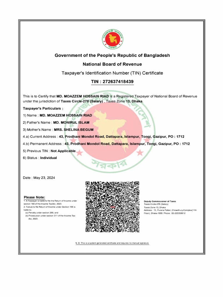 NBR Tin Certificate 272637418439 | PDF | United States Law | Public Finance