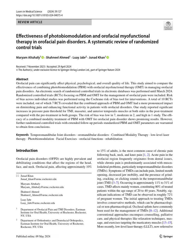 Effectiveness of Photobiomodulation and Orofacial Myofunctional Therapy in Orofacial Pain ...