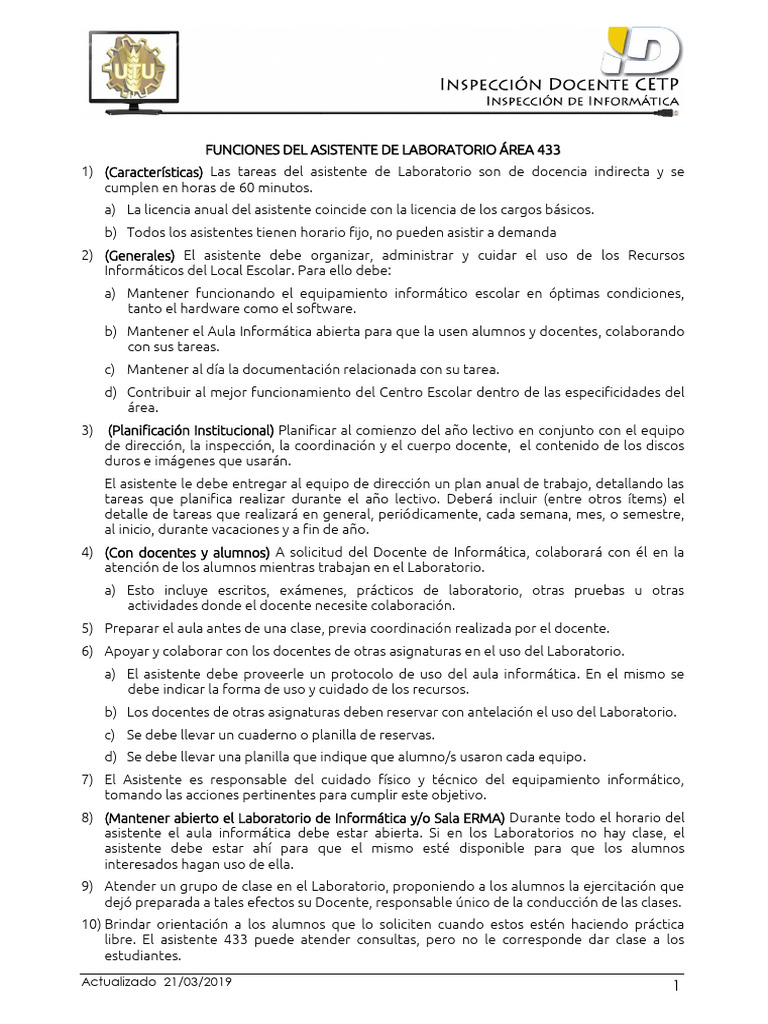 Funciones Asistente Laboratorio | PDF | Laboratorios | Enseñando