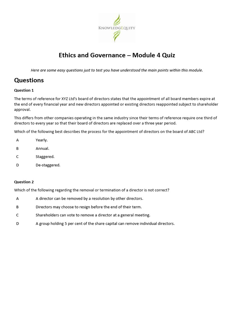 Ethics and Governance Module 4 Quiz | PDF | Audit | Monopoly