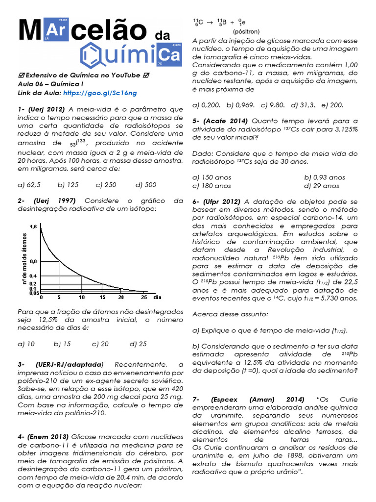 Aula06 Quimica1 Exercícios | PDF | Radioatividade | Potência nuclear