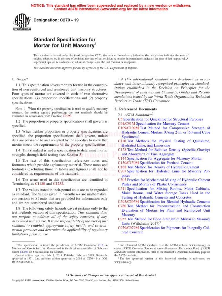 Astm C270 19 | PDF | Mortar (Masonry) | Cement