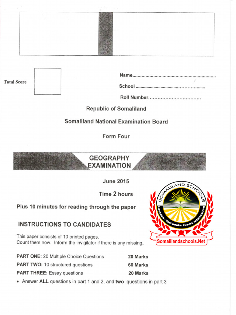 Geography Form Four 2015 Somaliland | PDF