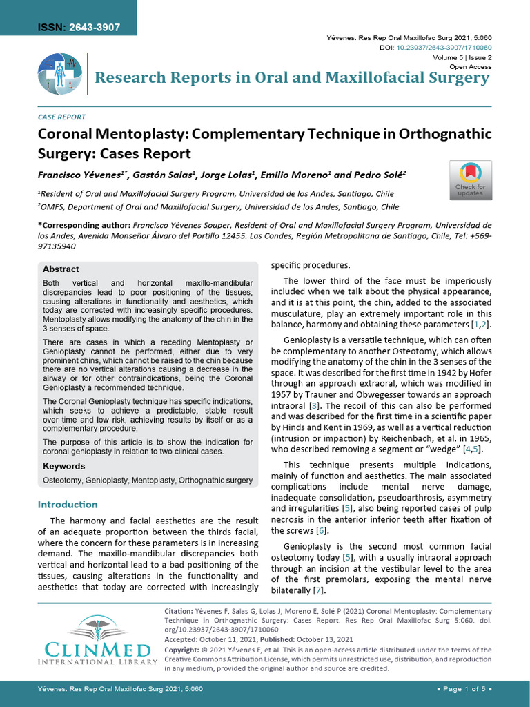 Coronal Mentoplasty: Complementary Technique in Orthognathic Surgery: Cases Report | PDF | Face ...