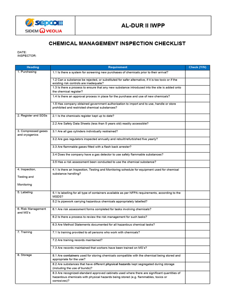 Chemical Management Inspection Checklist | PDF | Personal Protective ...