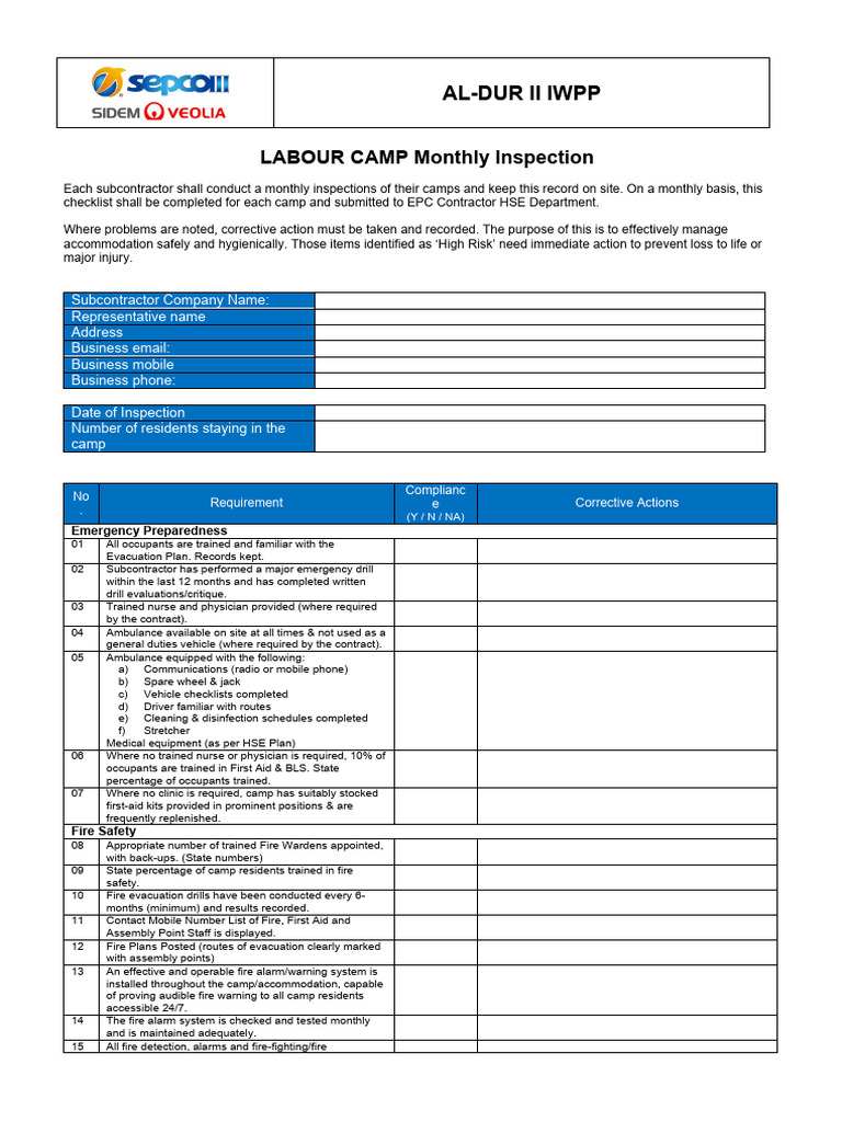 Camp Inspection Checklist | PDF | Firefighting | Home Appliance