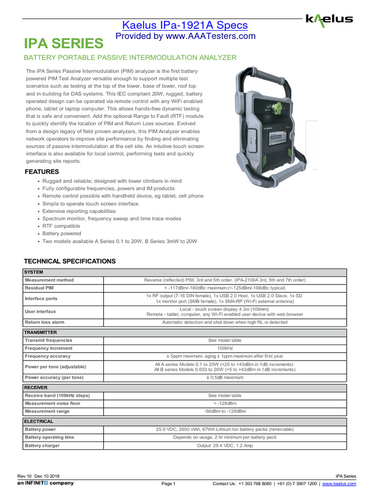 Kaelus Ipa-1921a Specifications Spec Sheet 6c175 | PDF | Tablet ...