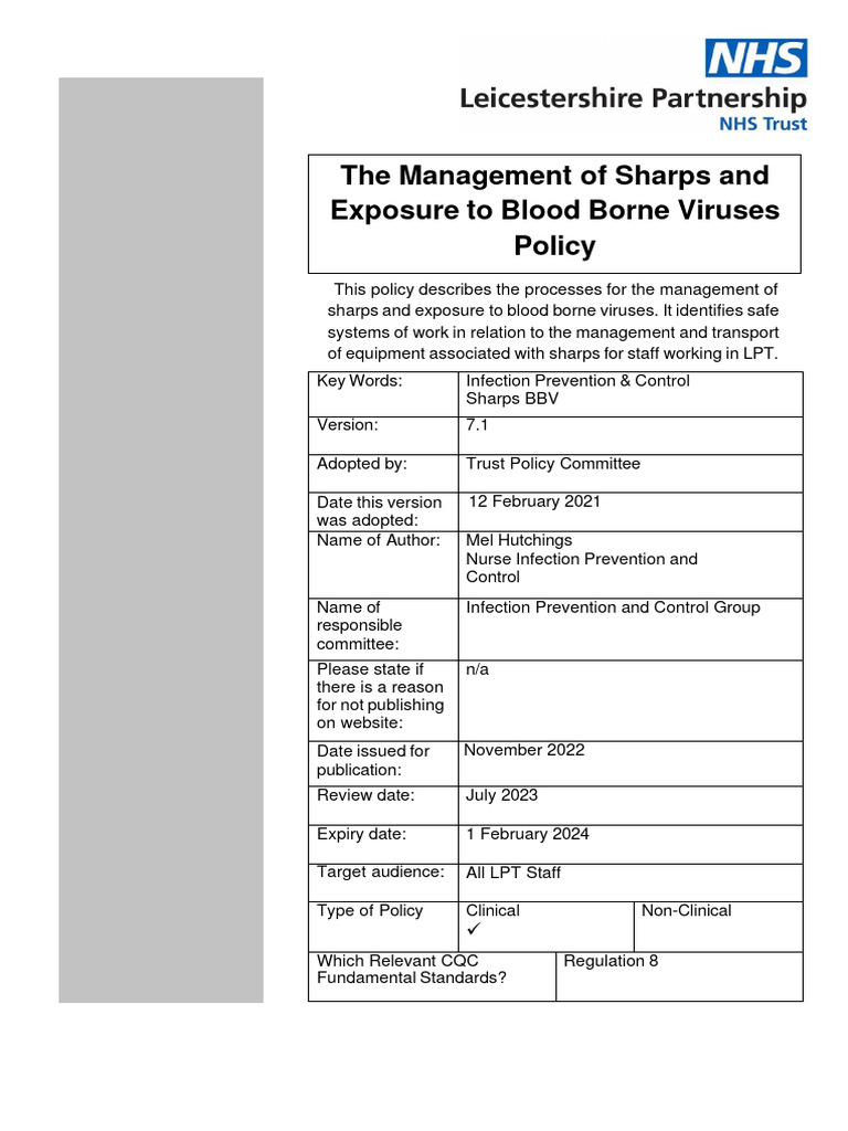 Management of Sharps and Exposure To Blood Borne Viruses Policy | PDF ...