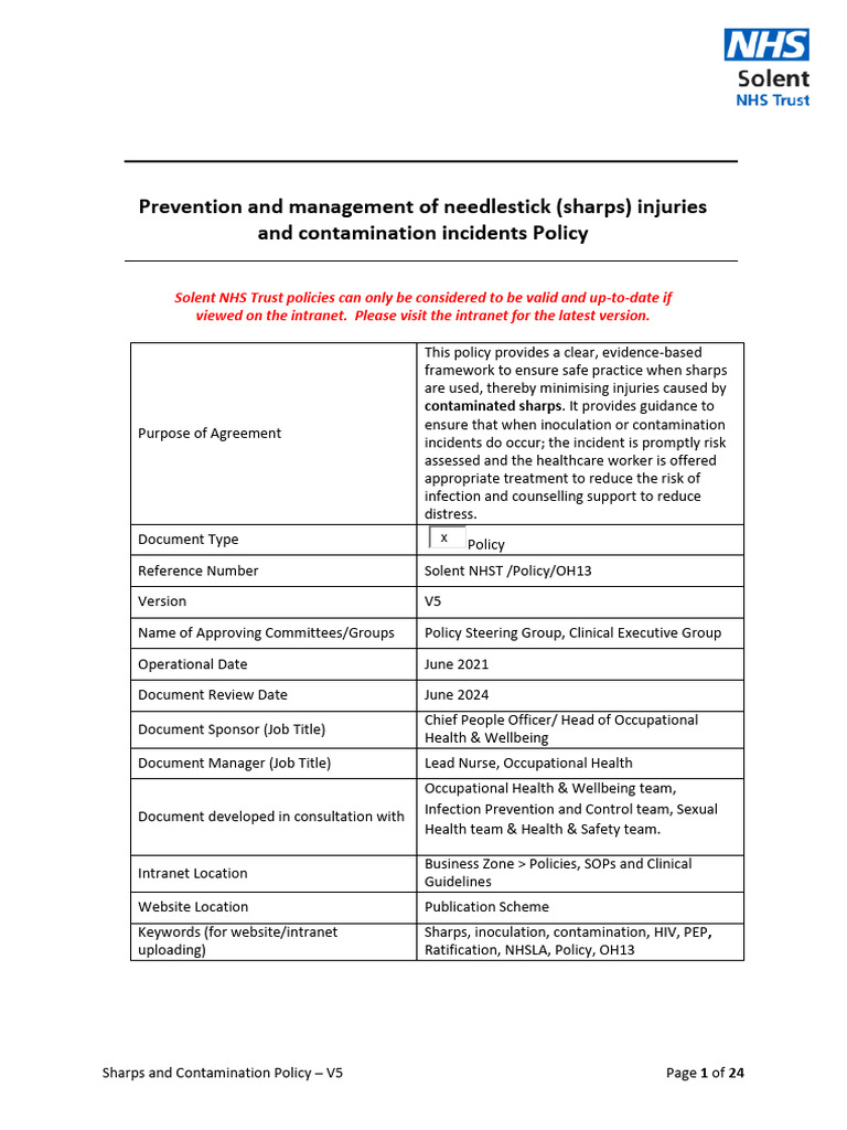Oh13 Sharps and Contamination Policy v5 | PDF | Health Sciences ...
