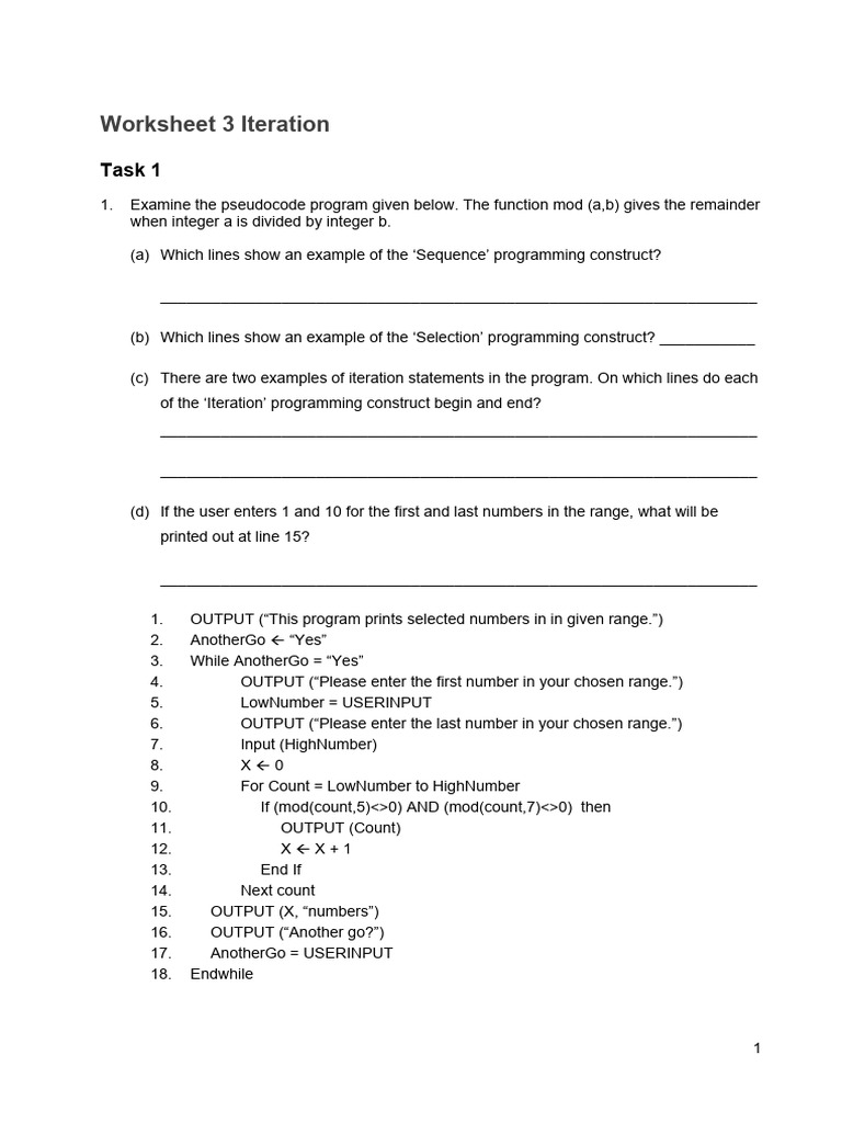 Algorithms Worksheet 3 Iteration | PDF | Iteration | Algorithms