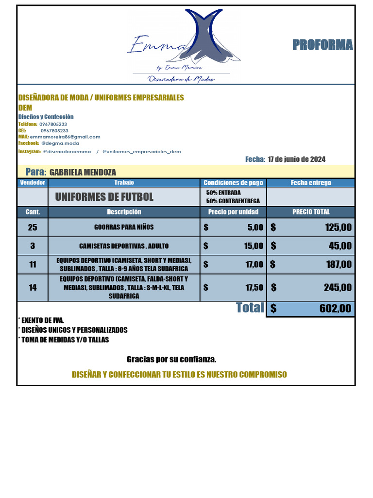 PROFORMA UNIFORMES DEPORTIVOS GABRIELA MENDOZA | PDF