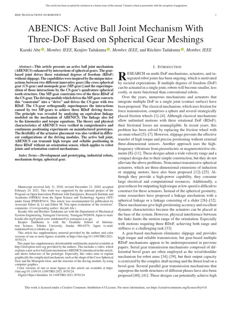 ABENICS Active Ball Joint Mechanism With Three-DoF Based On Spherical Gear Meshings | PDF | Gear ...