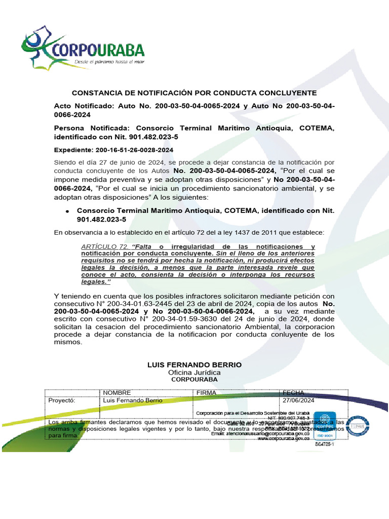 Constancia de Notificación Por Conducta Concluyente | PDF
