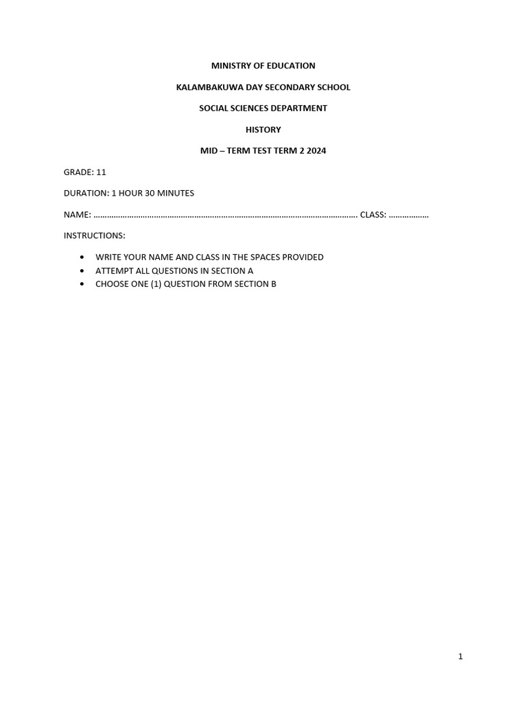 Grade 11 Term 2 History Mid-Term Exam | PDF | Politics