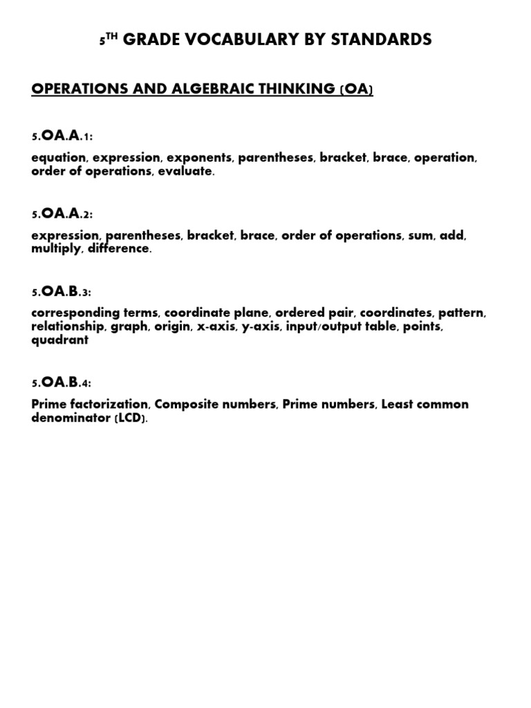 5th Grade Common Core Vocabulary List | PDF | Bracket | Exponentiation