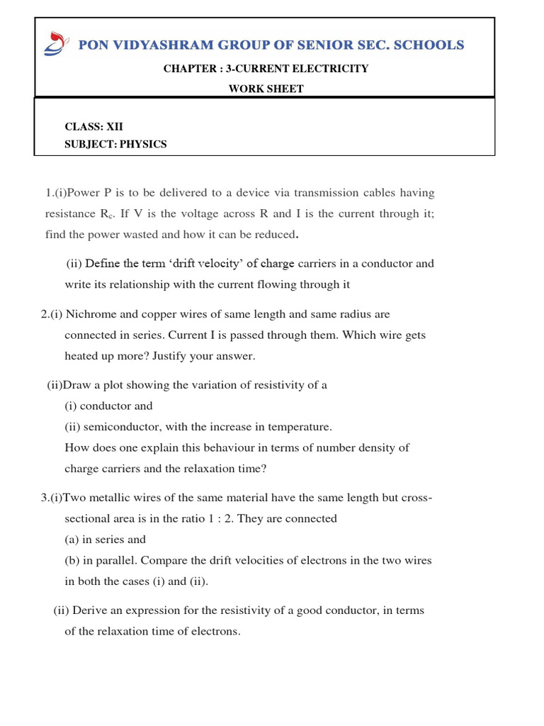 current electricity ws | PDF | Electrical Resistivity And Conductivity | Electrical Resistance ...