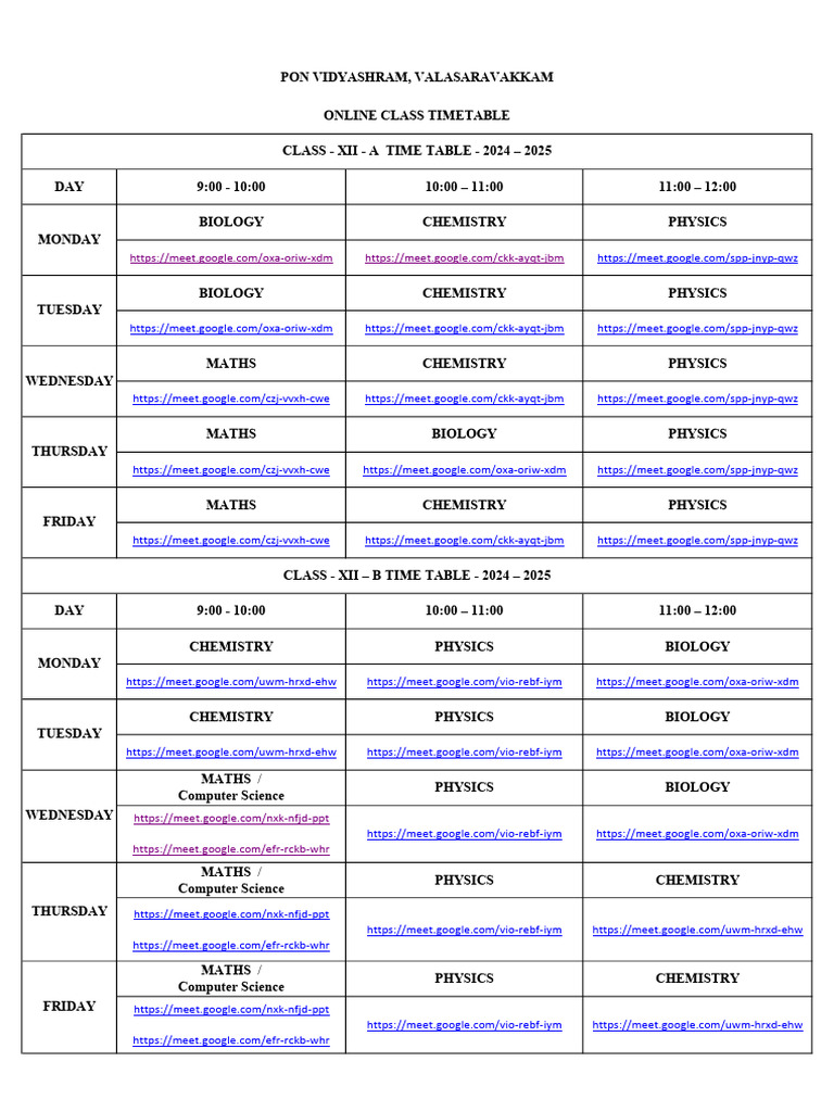 Online Time Table Class 12 - Pon Vidayshram VVKM | PDF