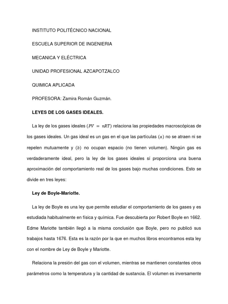 Resumen de las Leyes de Gases Ideales | PDF | Gases | Química
