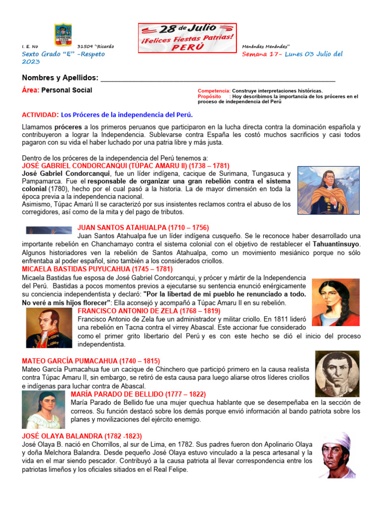03 Julio Práctica P.S. Los Próceres de La Independencia | PDF ...