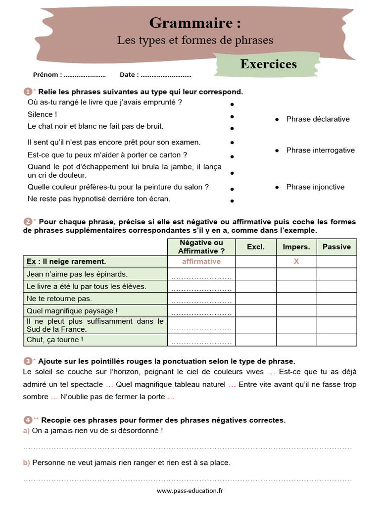 Types et formes de phrases : exercices corrigés | PDF | Phrase