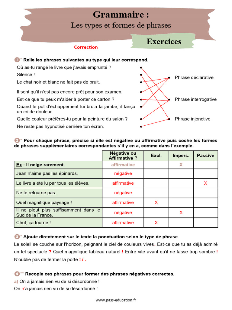 Correction Exercices Les Types Et Formes de Phrase - 4ème | PDF ...
