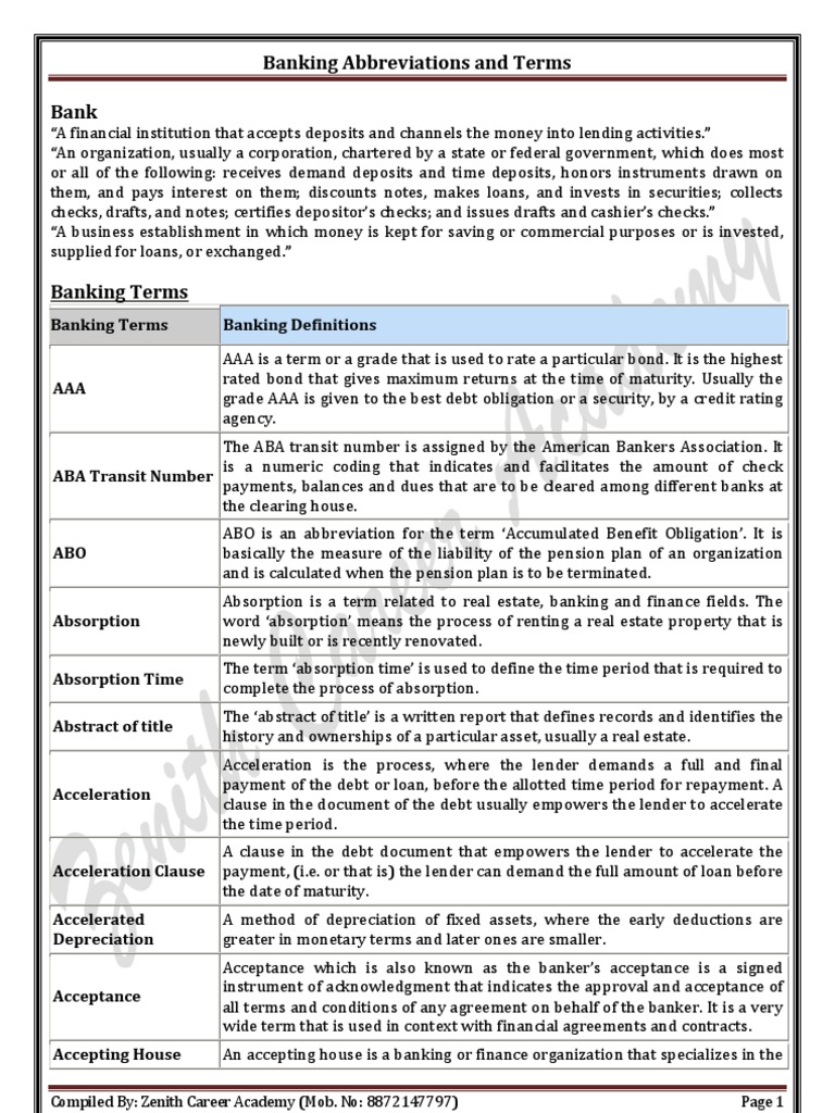 Banking Terms and Abbreviations Guide | PDF | Finance & Money Management