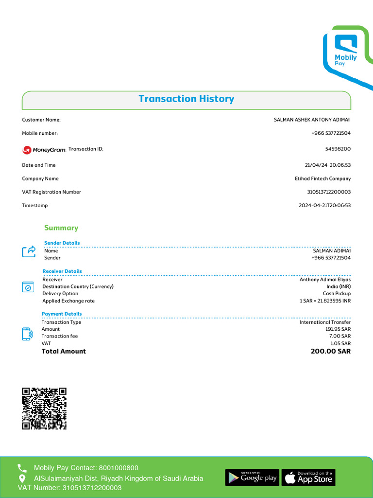 Transaction History: Total Amount 200.00 SAR | PDF