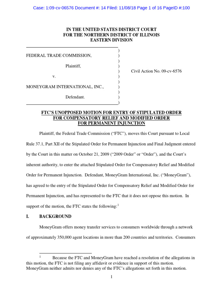 Moneygram Unopposed Motion 11-8-18 | PDF | Federal Trade Commission ...