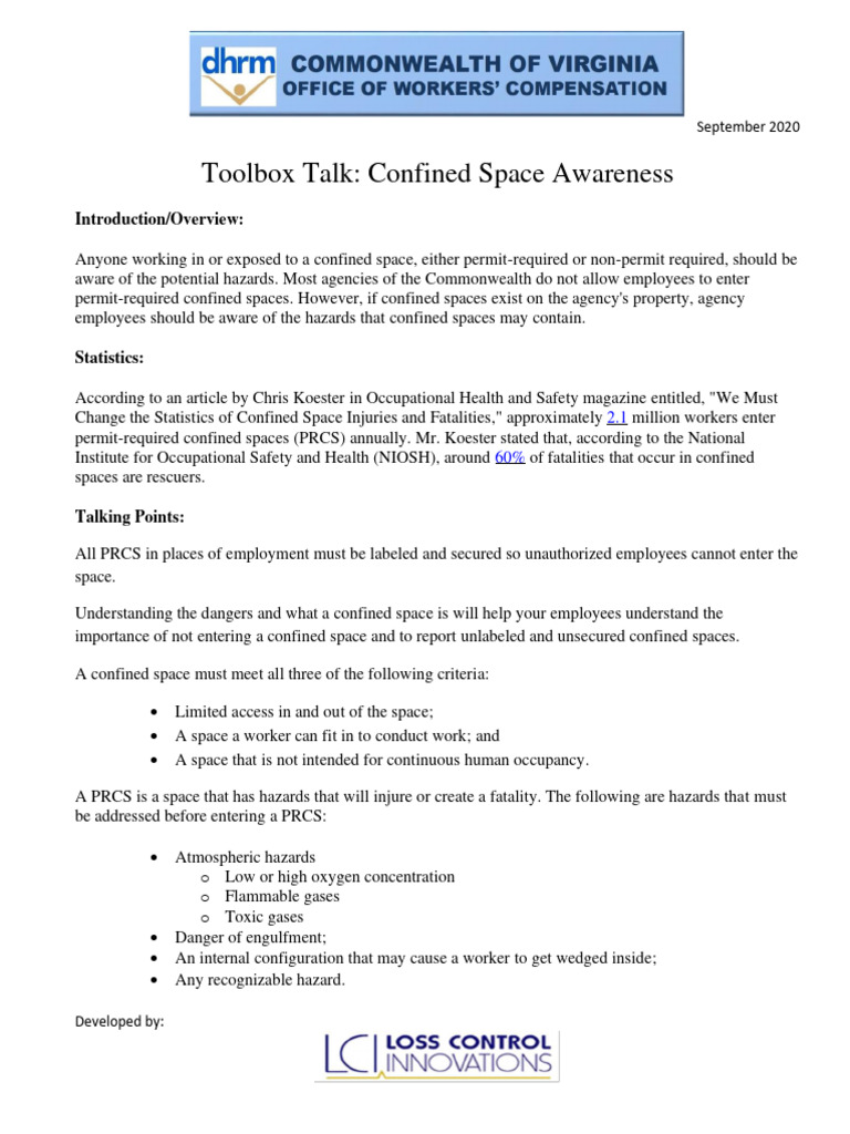 Toolbox Talk Confined Space Awareness | PDF | Occupational Safety And Health | Hazards