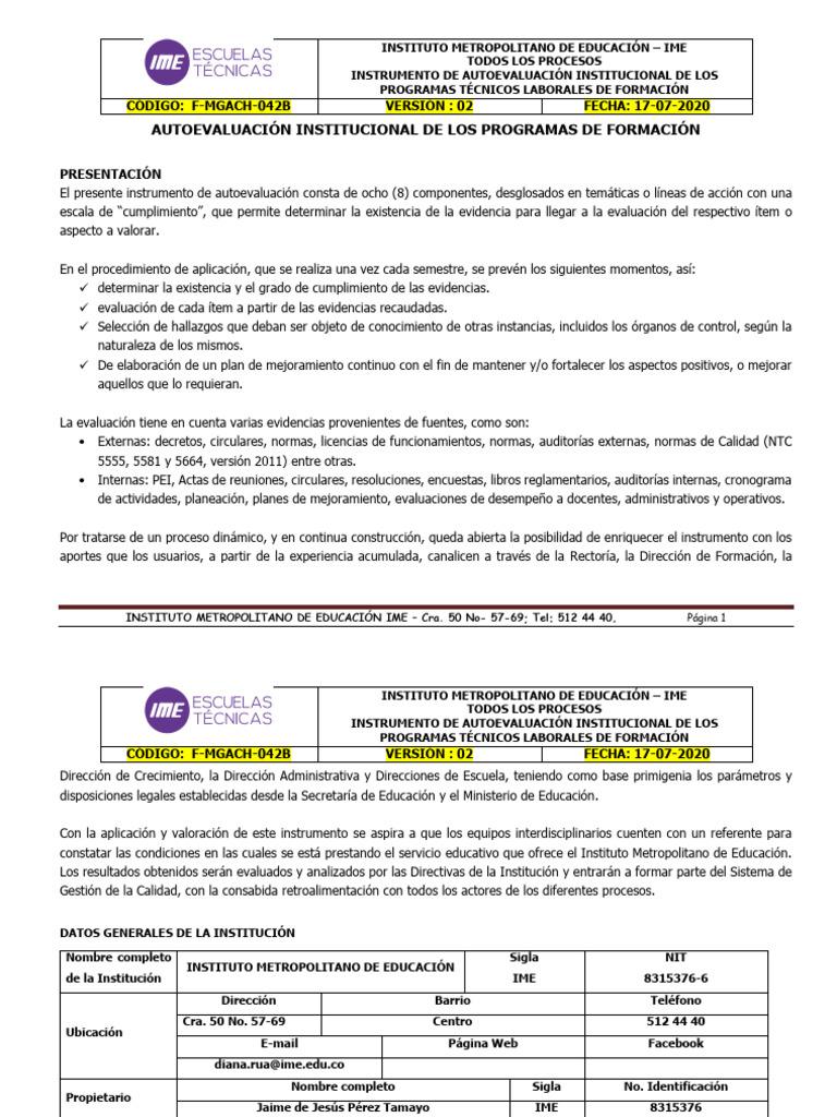 F MGACH 042B Autoevaluacion Programas IME 01 Y 02 2020 1 | PDF ...