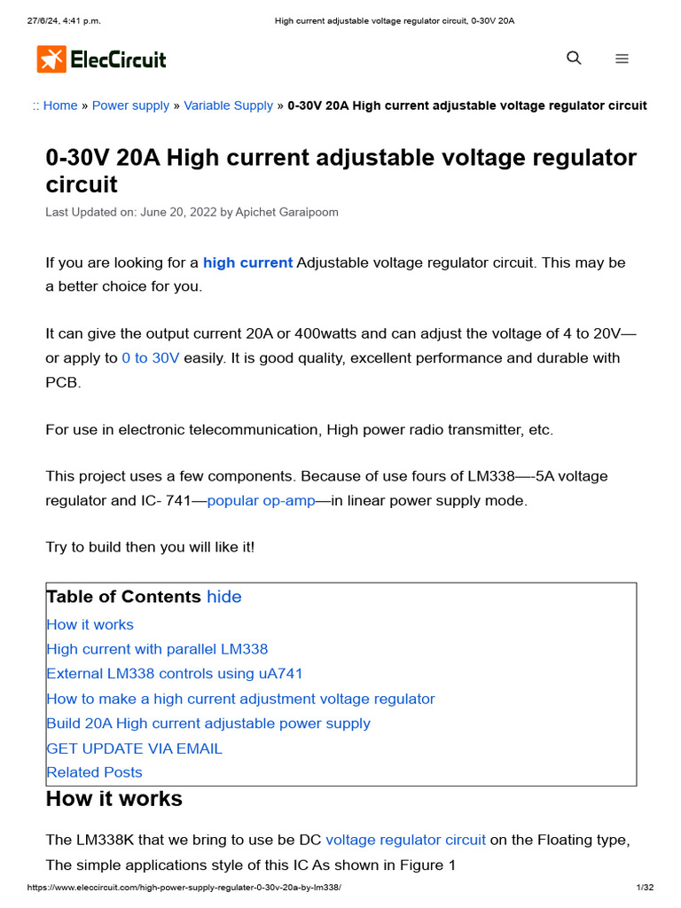 High Current Adjustable Voltage Regulator Circuit, 0-30V 20A | PDF ...