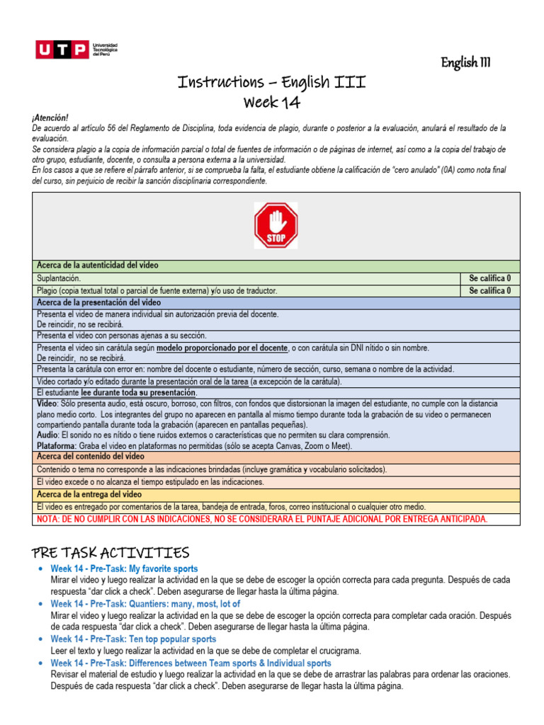 Week 14 - Indicaciones en Español para El Alumno - Inglés 3 | PDF | Plagio | Comunicación humana