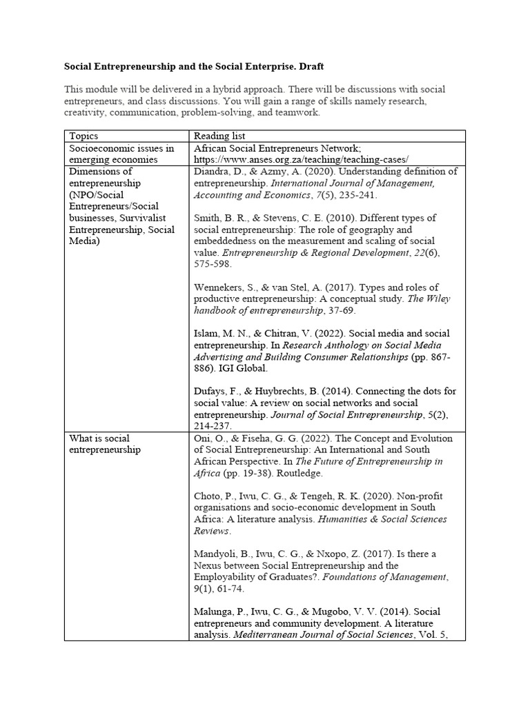 Social Entrepreneurship and The Social Enterprise. Draft Schedule - 1 ...