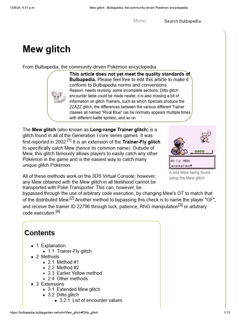 Mew Glitch - Bulbapedia, The Community-Driven Pokémon Encyclopedia | PDF | Pokémon