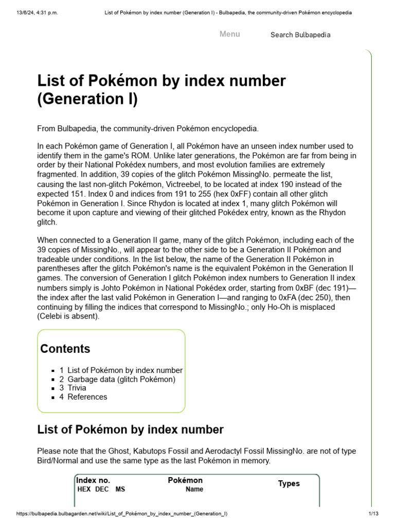 List of Pokémon by Index Number (Generation I) | PDF | Pokémon ...