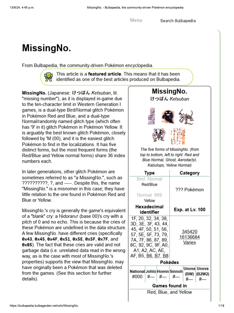 MissingNo. - Bulbapedia | PDF | Pokémon MissingNo. - Bulbapedia | PDF | Pokémon