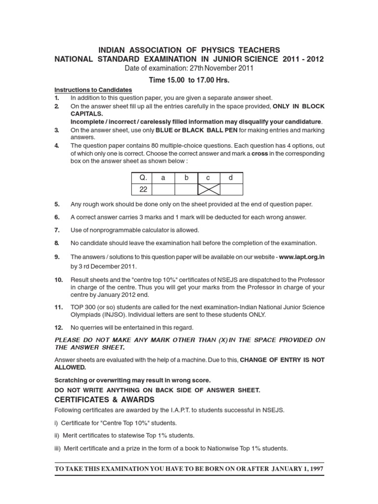 NSEJS 2011 2012 Question Paper and Solution | PDF