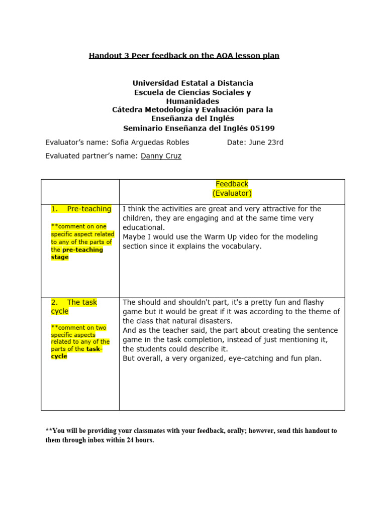 Handout 3. Peer Feedback On The AOA Lesson Plan | PDF