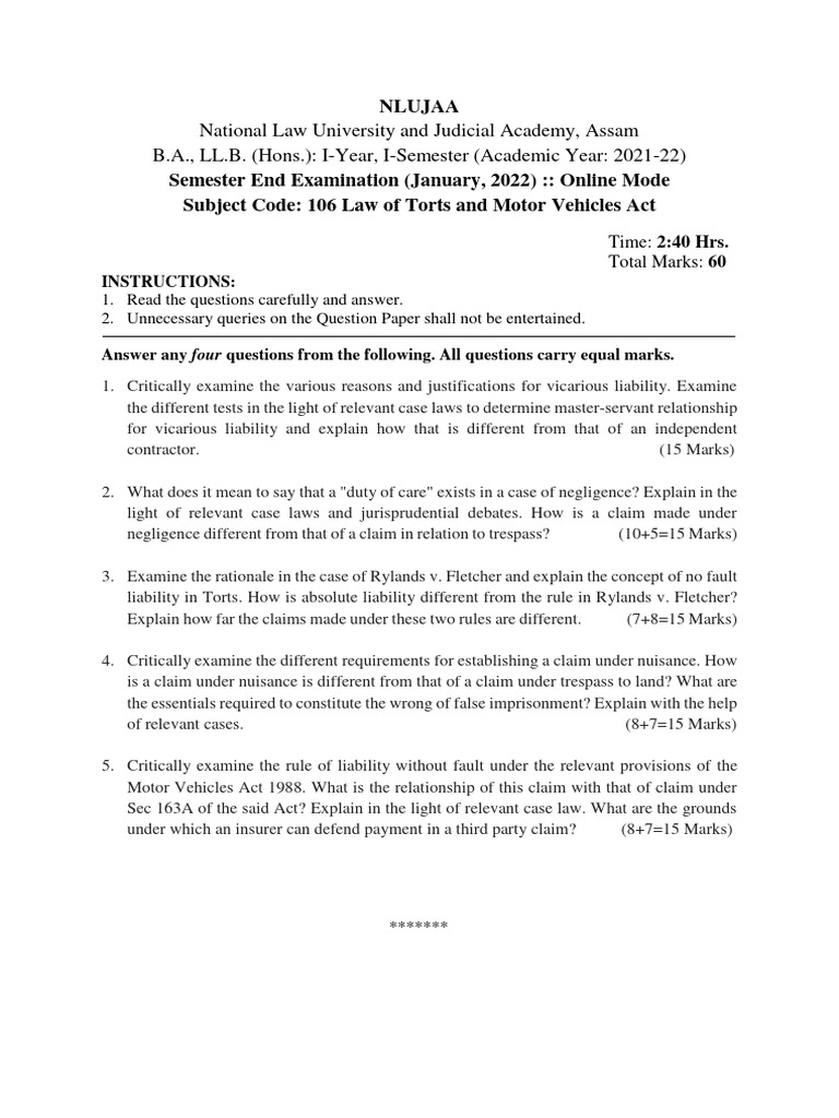 106 Law PF Torts and Motor Vehicles Act | PDF
