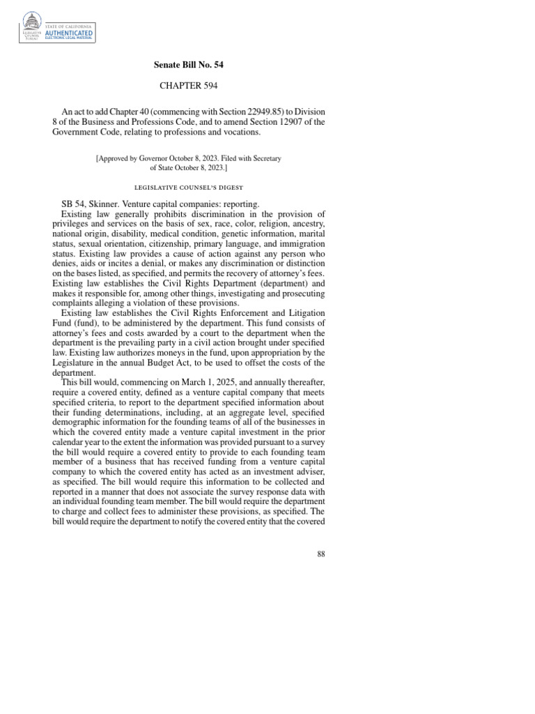 Senate Bill No. 54 - VC Reporting | PDF | Venture Capital | Corporate ...