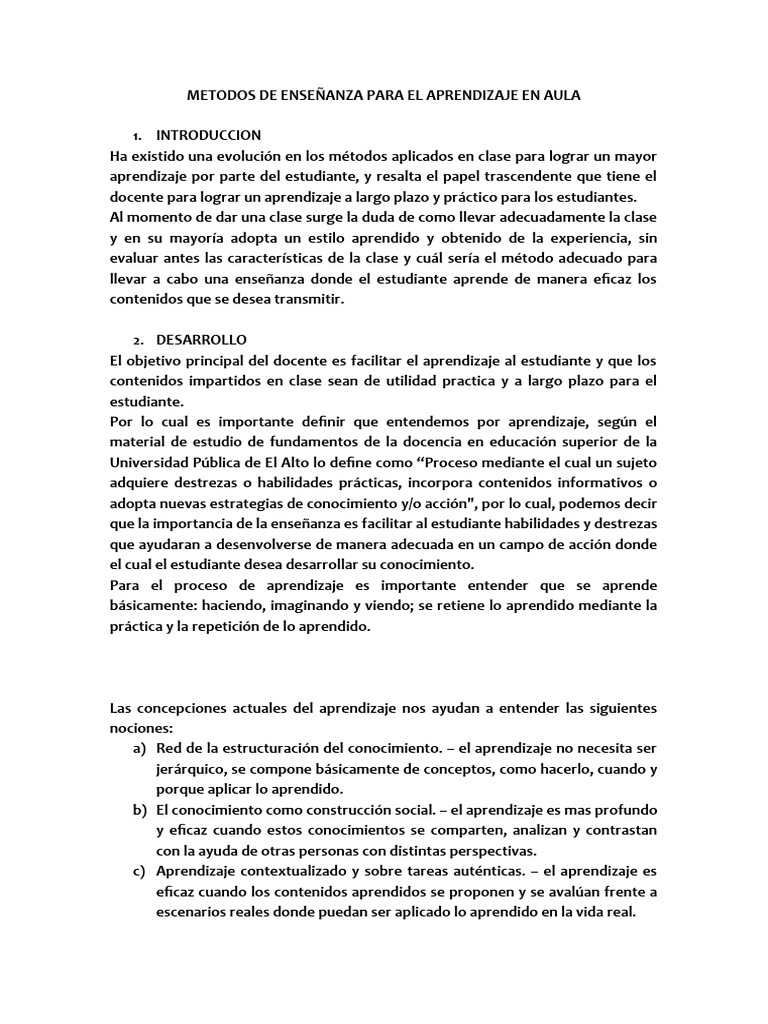 Metodos de Enseñanza para El Aprendizaje en Aula | PDF | Enseñando | Aprendizaje