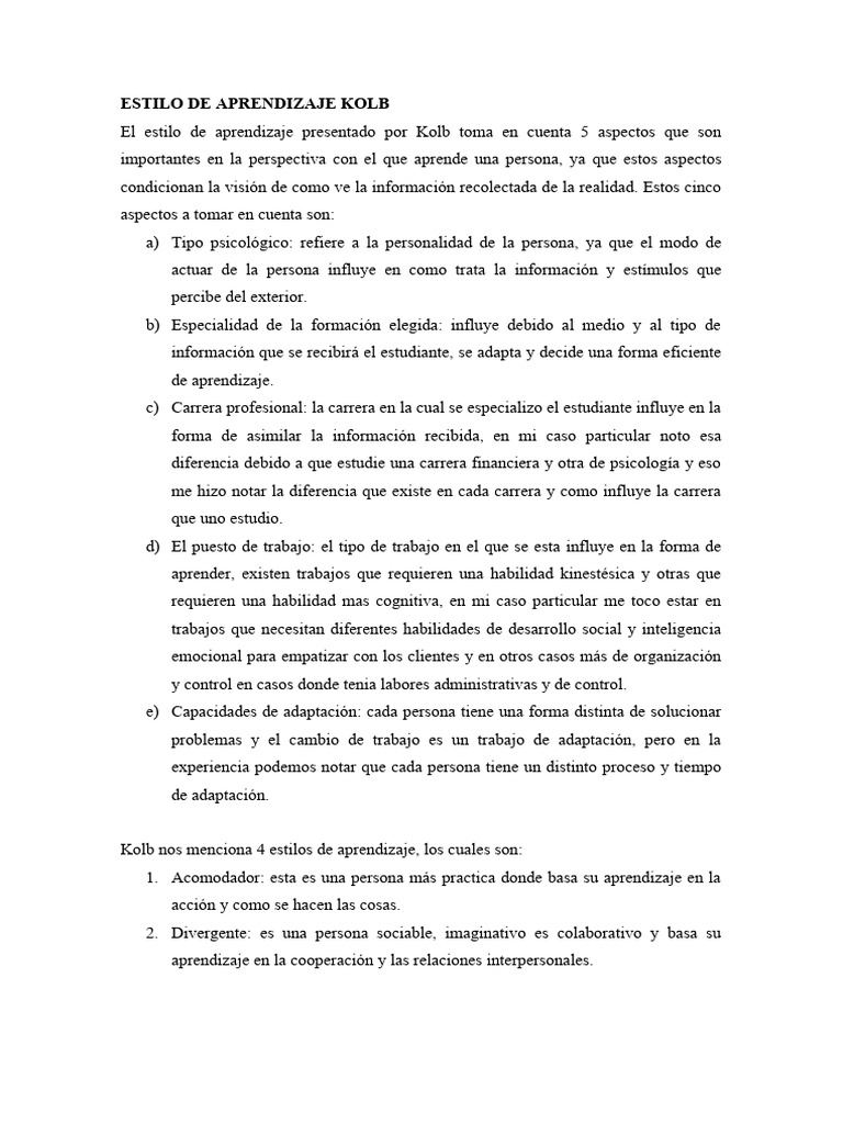 Estilo de Aprendizaje Kolb | PDF | Aprendizaje | Aprendiendo estilos