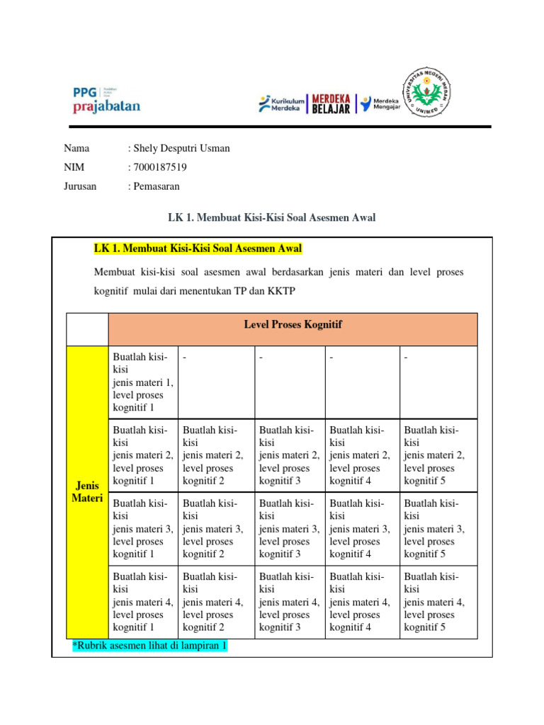 LK 1. Membuat Kisi-Kisi Soal Asesmen Awal-2 | PDF | Seni