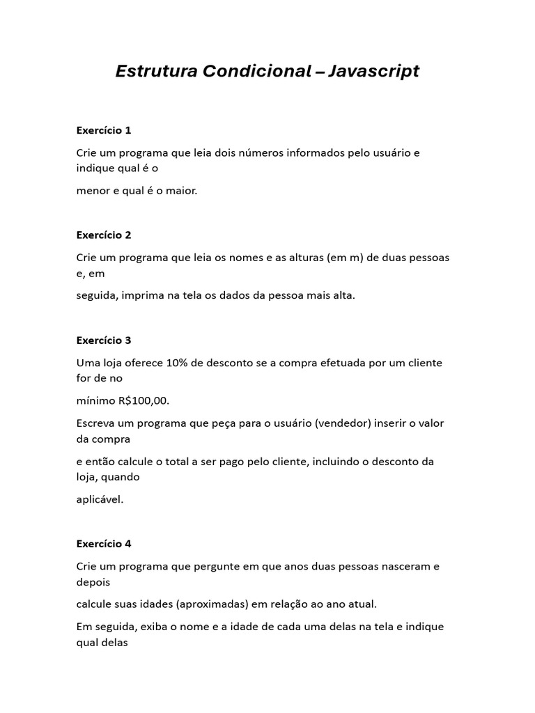 Exercícios de Estrutura Condicional - JavaScript | PDF | Algoritmos | Senha