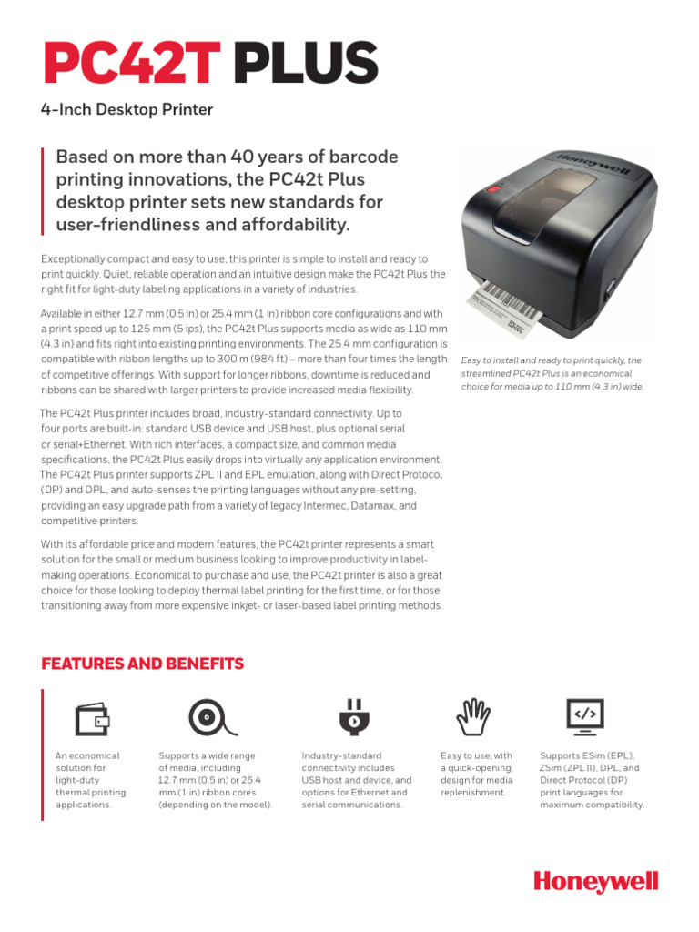 Honeywell PC42T-Plus Brochure | PDF | Printer (Computing) | Usb