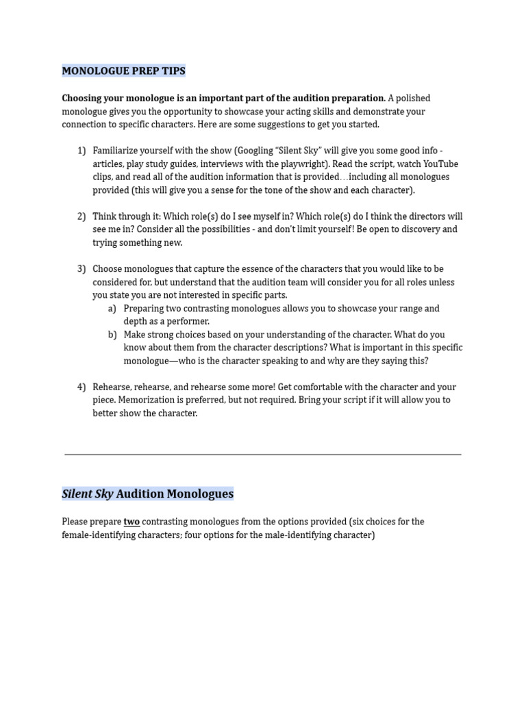 Silent Sky Audition Monologues | Download Free PDF | Audition | Leaves Of Grass