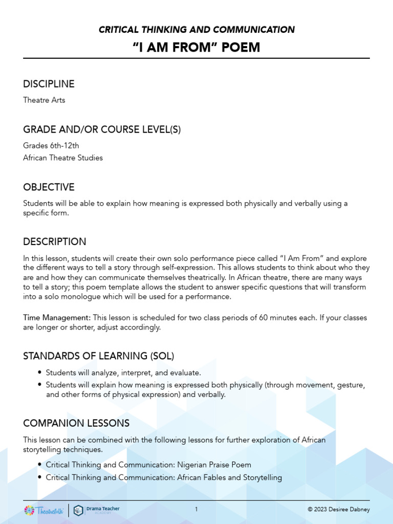 Lesson Plan - I Am From Poem | PDF | Storytelling | Gesture